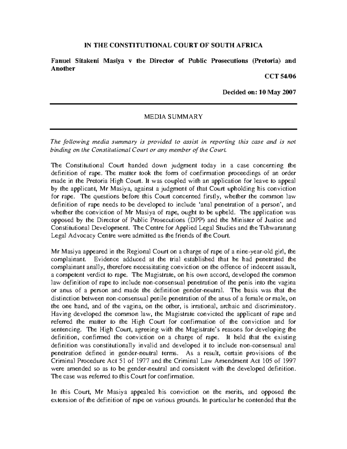 Masiya Case Summary: Analysis of Rape Definition in CCT 54/07 - Studocu
