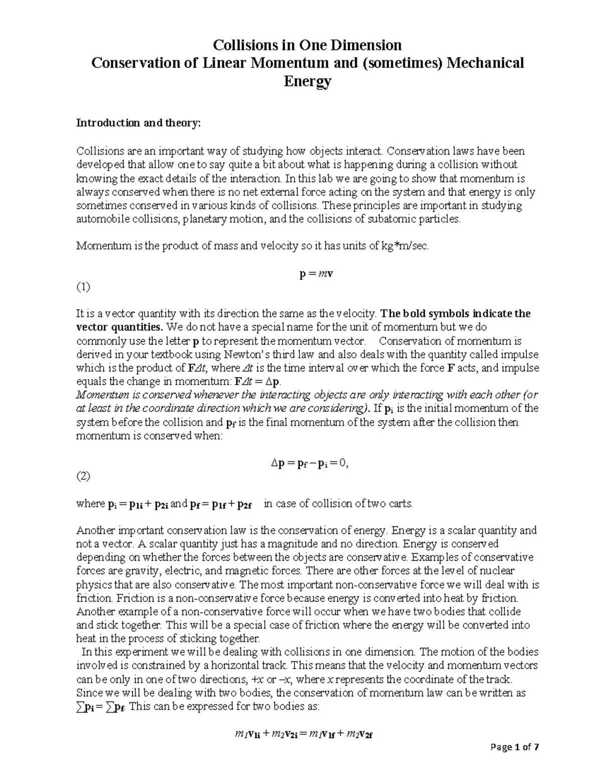 Lab Manual: Conservation of Momentum & Energy Analysis - Studocu