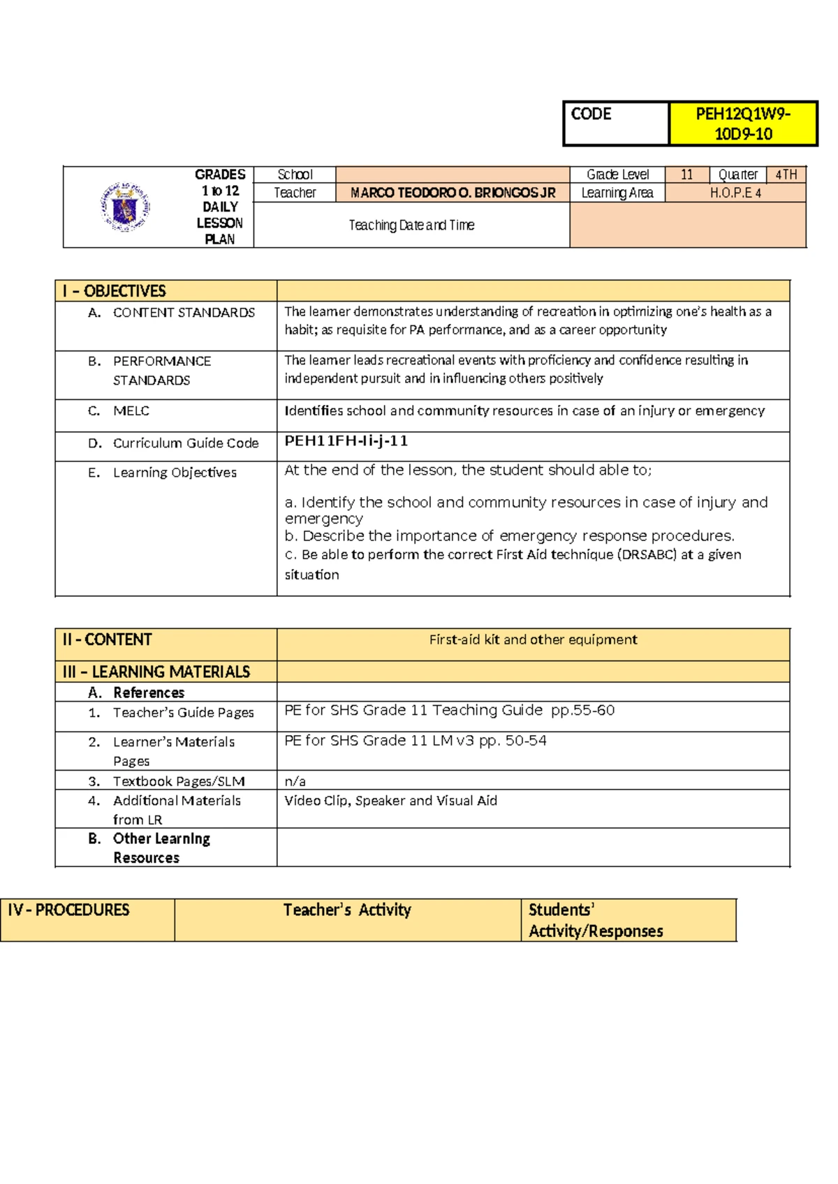 Physical Education DLP - Grade Level: 10 Quarter 2 Learning Area: PE ...