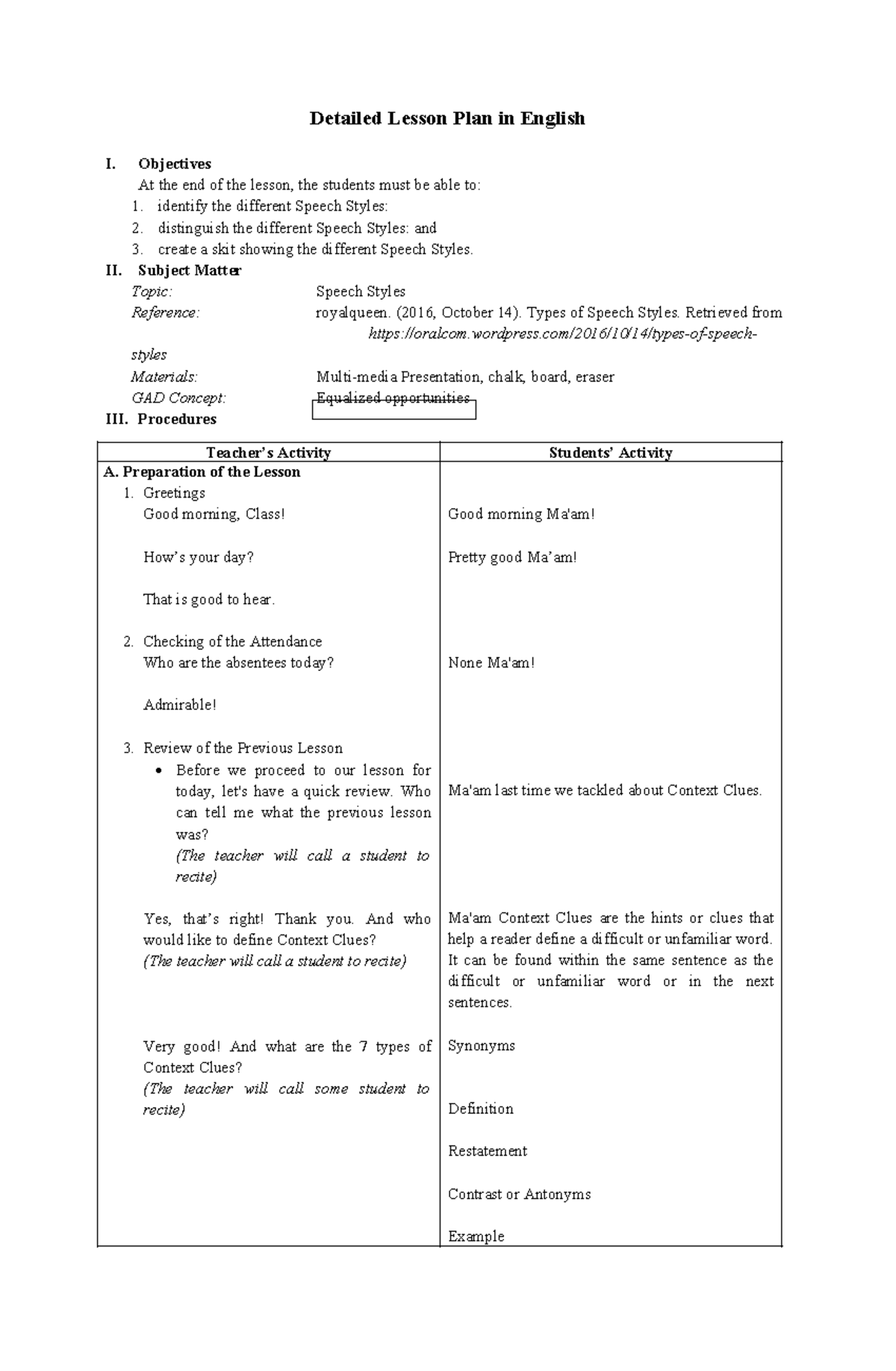 Detailed Lesson Plan: Understanding Speech Styles in English I - Studocu