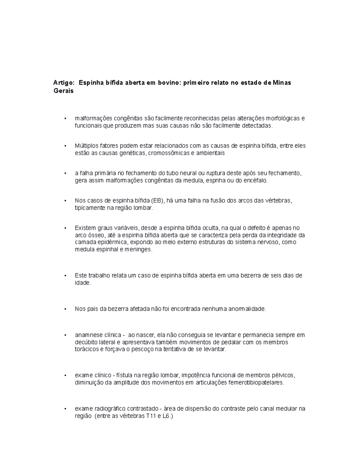 Trabalho Embriologia - Artigo: Espinha bífida aberta em bovino ...