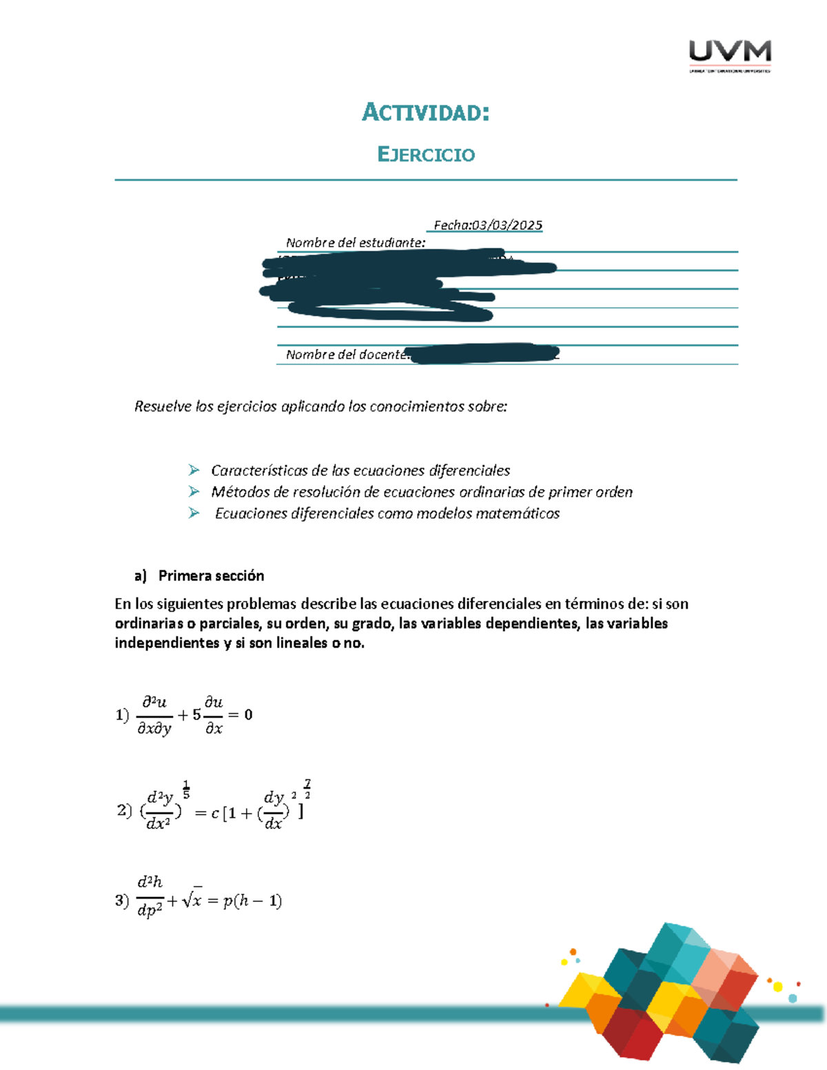 ACTIVIDAD: EJERCICIOS DE ECUACIONES DIFERENCIALES - 2023 - Studocu