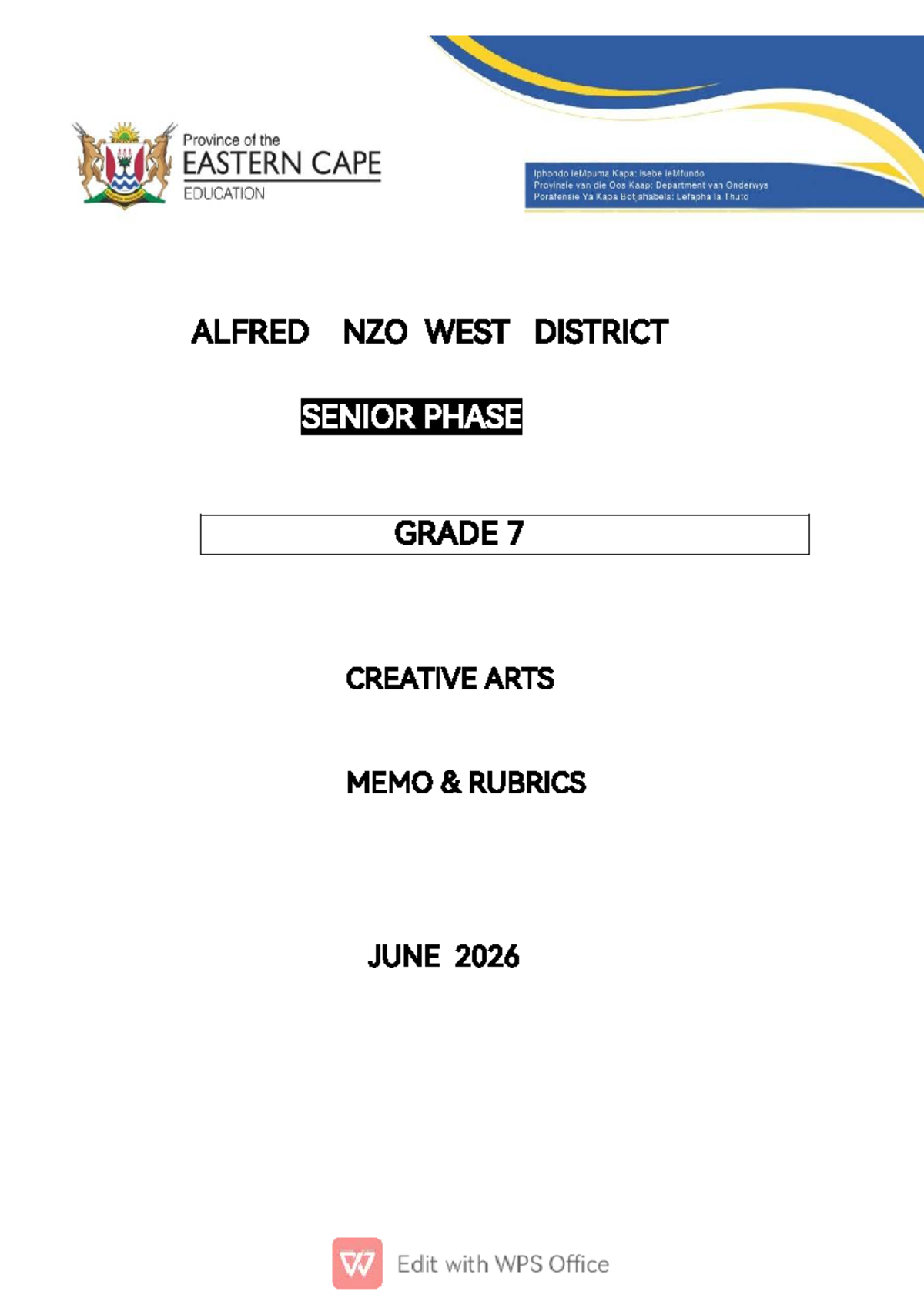 ALFRED NZO GRADE 7 CREATIVE ARTS MEMO RUBRICS JUNE 2026 - Studocu