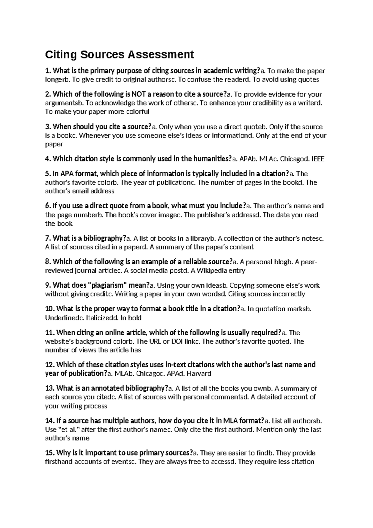 Citing Sources Quiz MCQ - Assessment Overview and Answer Key - Studocu