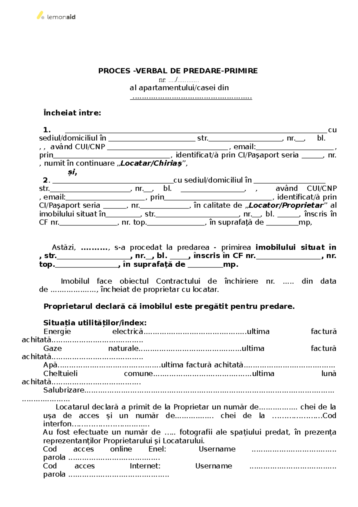 Proces-Verbal Predare Imobil - Contract Închiriere nr. ..... - Studocu