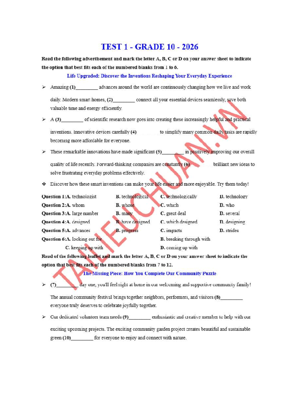 TEST 1 GRADE 10 2026: Language and Innovation Comprehension - Studocu