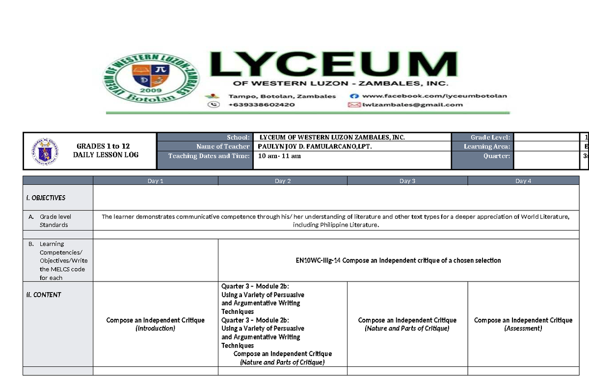 Grade 10 Daily Lesson Log: Week 3, Quarter 3 - Critique Writing - Studocu