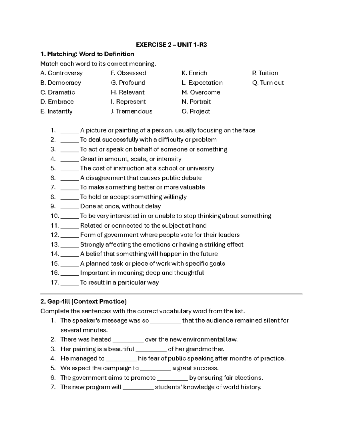 EXERCISE 2 UNIT 1: Vocabulary Matching & Context Practice - Studocu