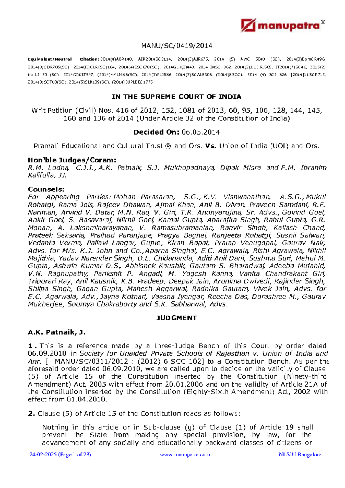 Constitutional Validity of Article 15(5) and Article 21A: Supreme Court ...