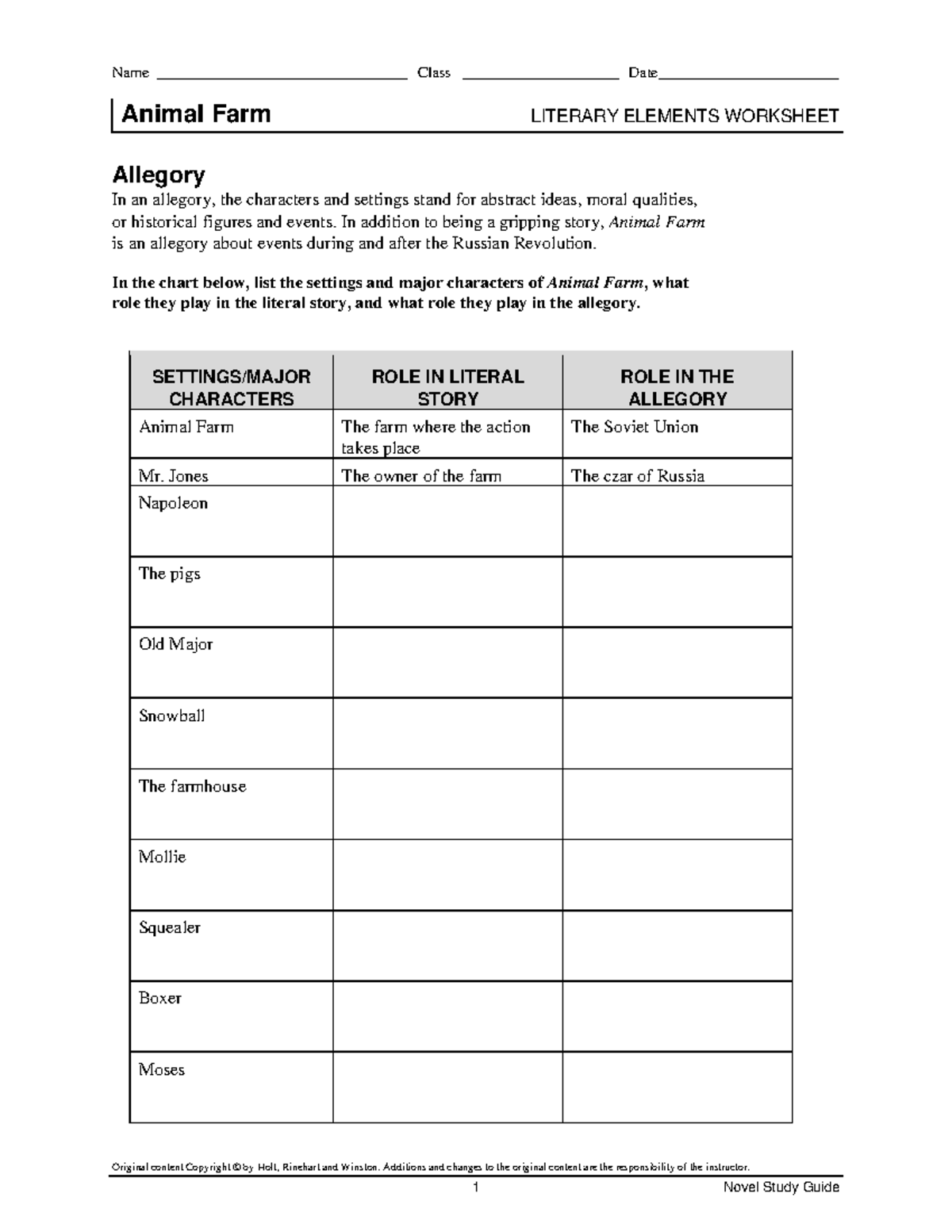Animal Farm (LIT 101) Allegory Elements Worksheet - Studocu