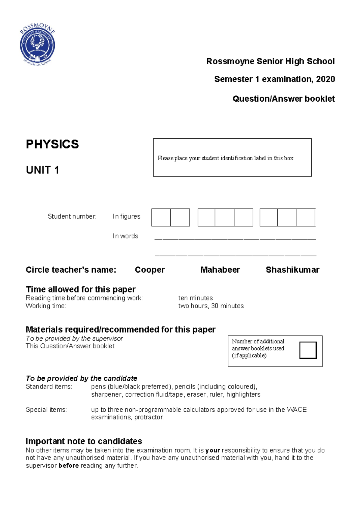RSHS PHYSICS Unit 1 Semester 1 Exam 2020 Booklet - Studocu