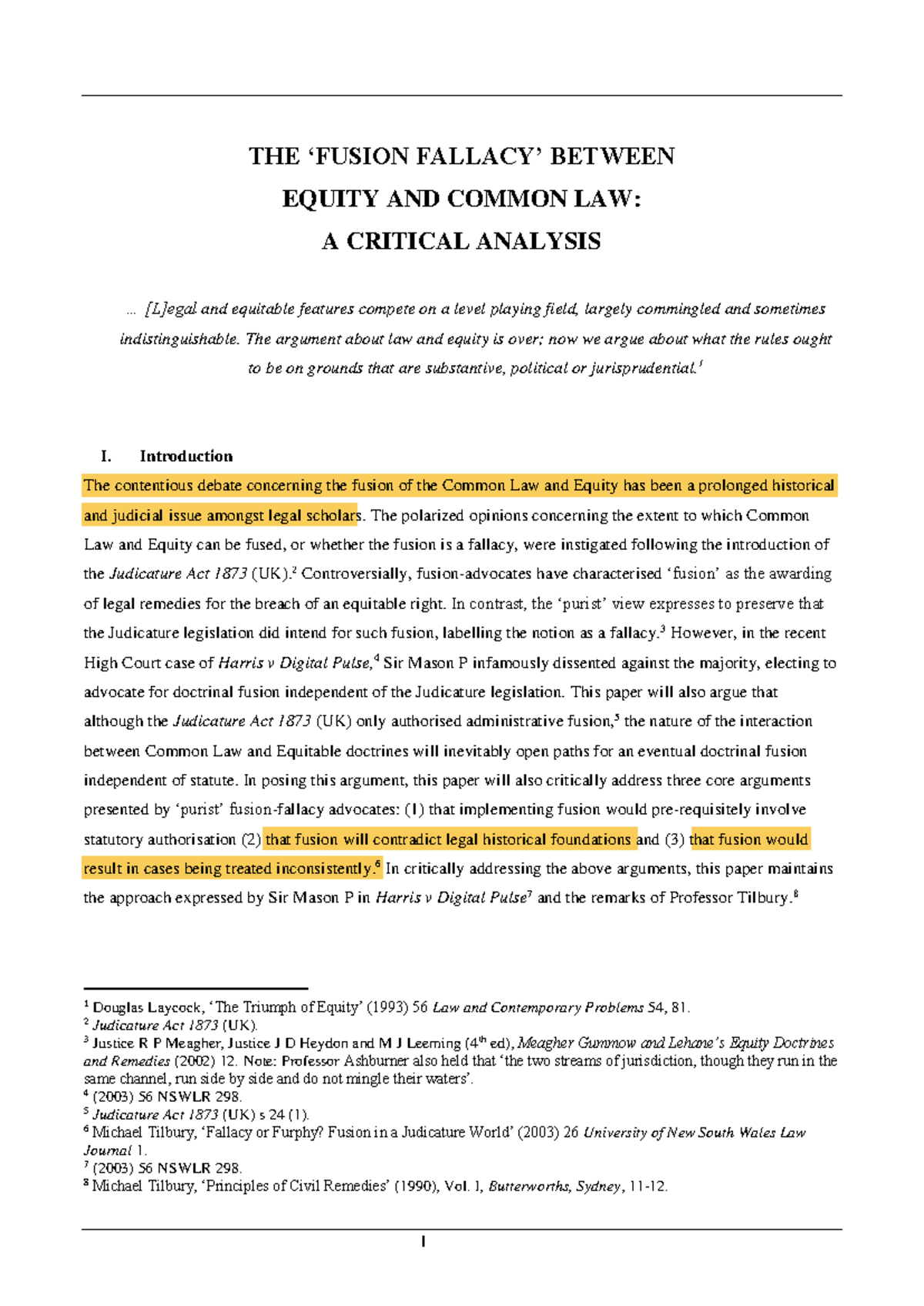 Critical Analysis of the Fusion Fallacy: Equity vs Common Law - Studocu