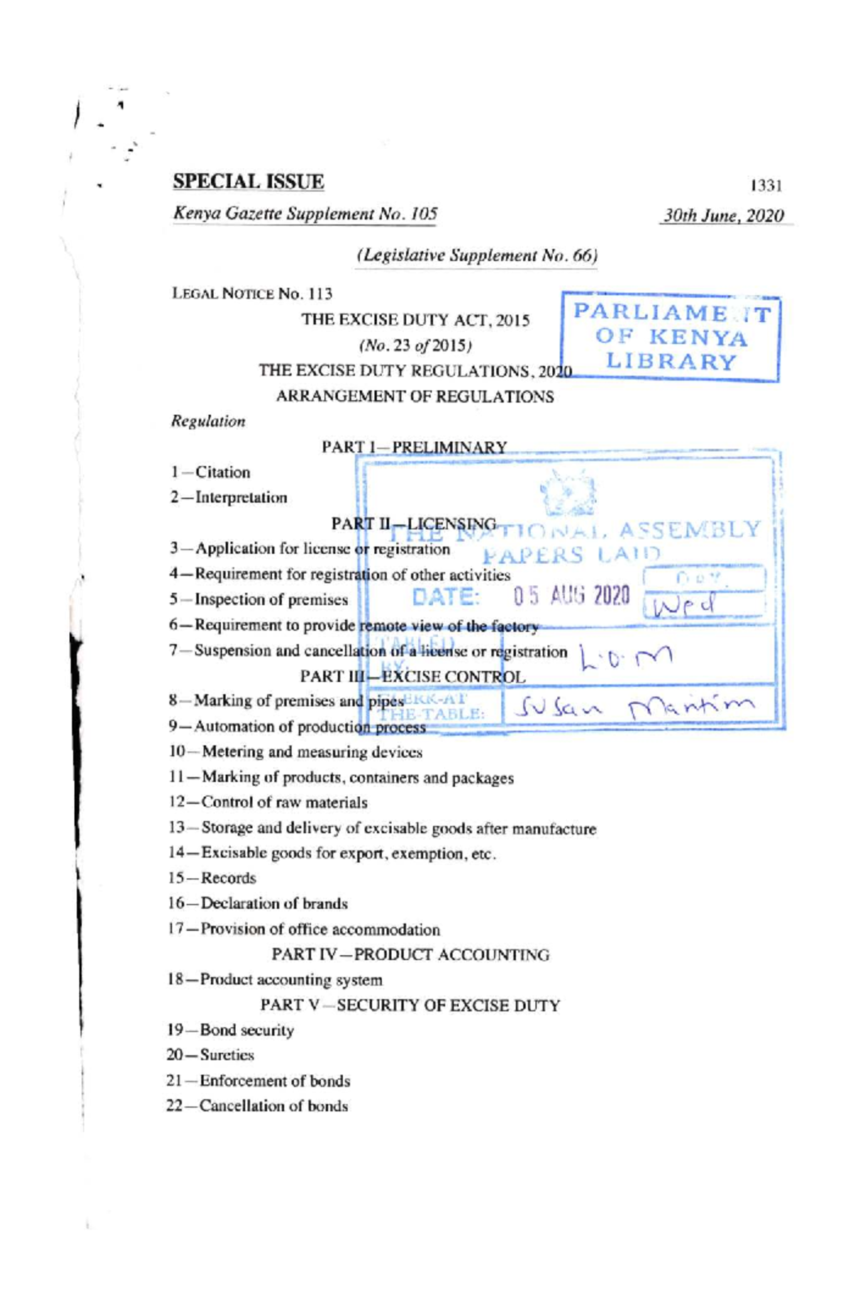 Kenya Gazette Supplement No. 105: Legal Notice No. 113 on Excise Duty ...