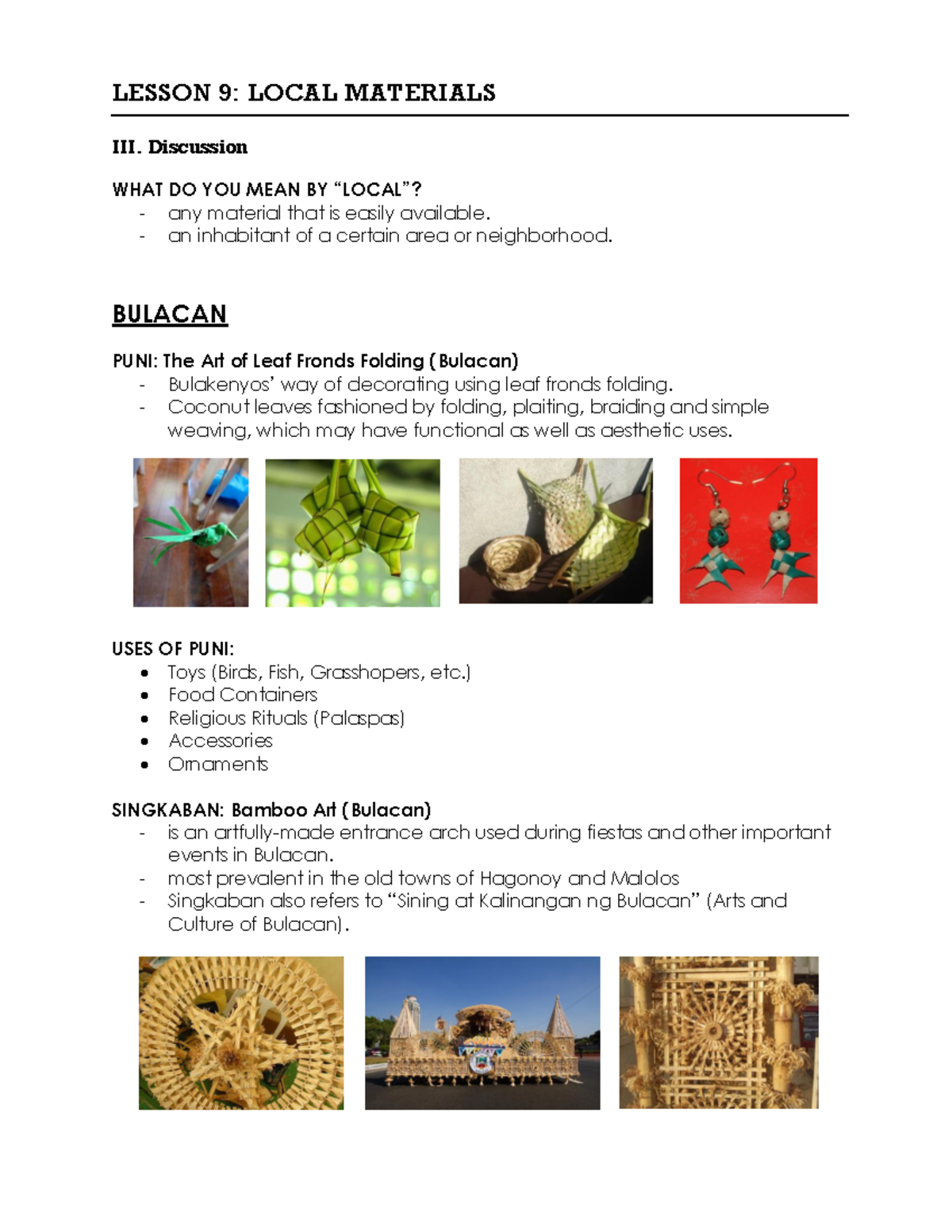 L9 CPAR Lesson on Local Materials: Arts of Bulacan & Pampanga - Studocu