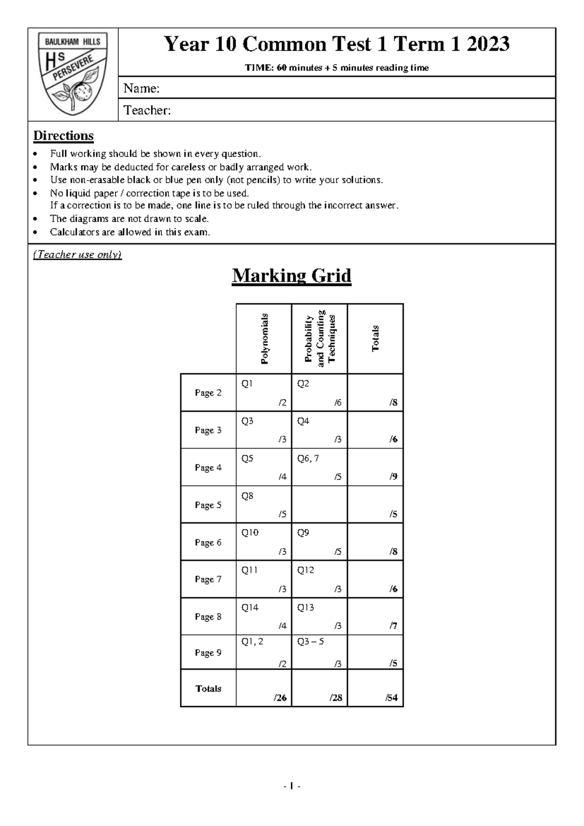 Year 10 Maths Common Test 1 T1 2023 - Revision & Practice Paper - Studocu