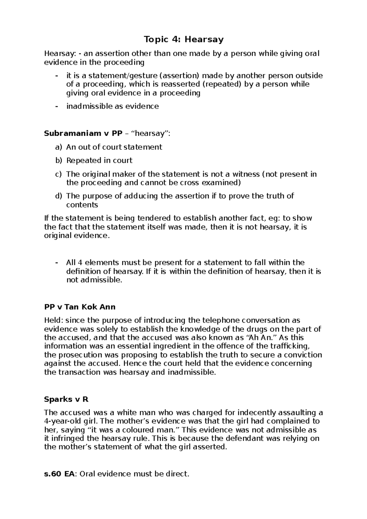 Law 101: Final Exam Notes on Hearsay and Its Admissibility - Studocu