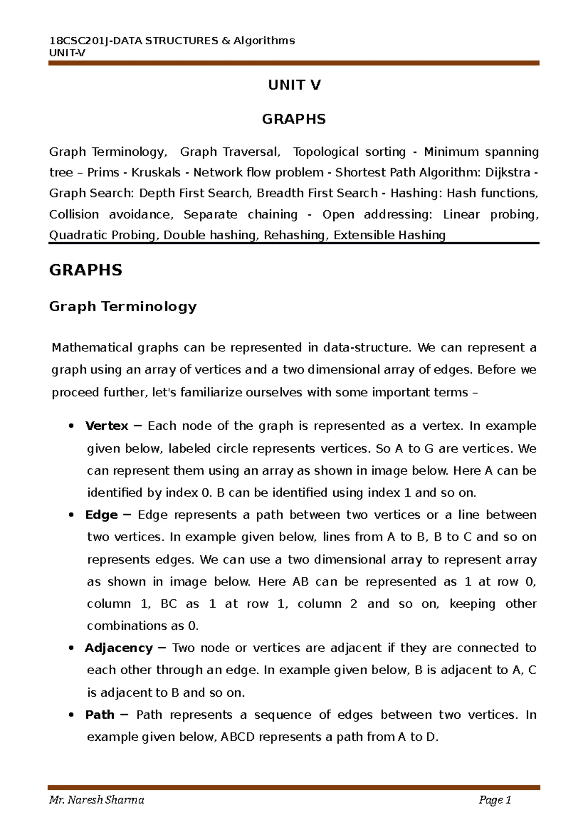 Unit-1 DSA - MISC NOTSE - UNIT I INTRODUCTION TO DATA STRUCTURES Introduction – Basic ...