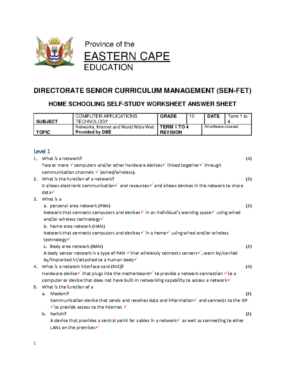 02-CAT-Gr-10-Networks-Internet-and-WWW-Revision-Answer-Sheet - Studocu