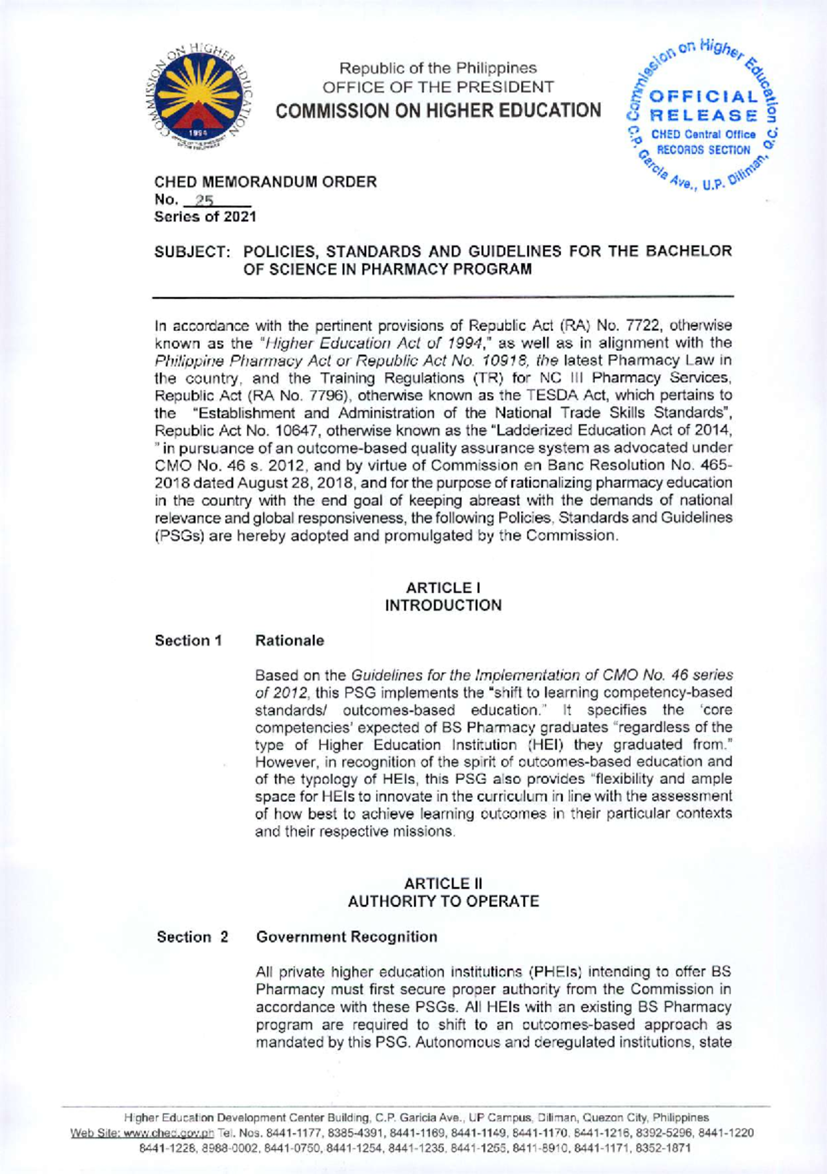 2021 CMO No. 25: Policies & Guidelines for BS Pharmacy Program - Studocu