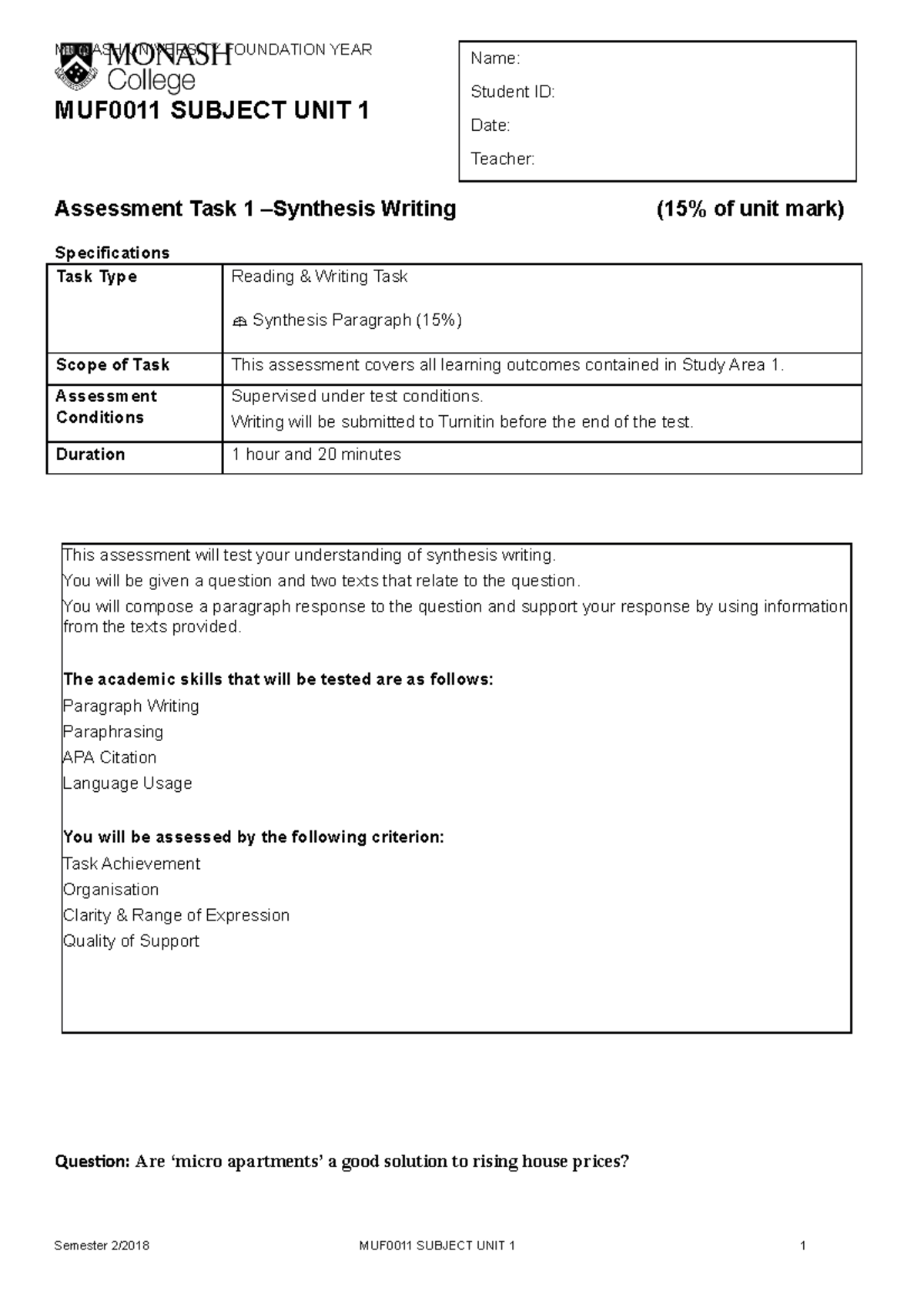Practice Writing 1-Synthesis (Aug) - MUF0011 SUBJECT UNIT 1 Assessment ...