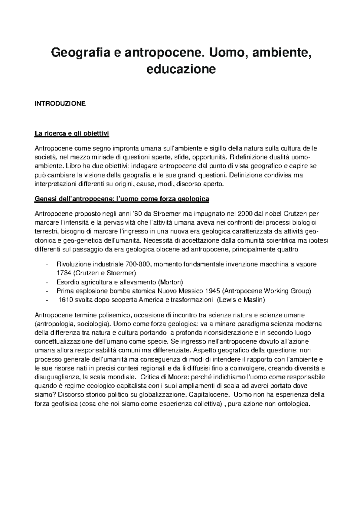 Antropocene libro riassunto - Geografia e antropocene. Uomo, ambiente, educazione INTRODUZIONE ...
