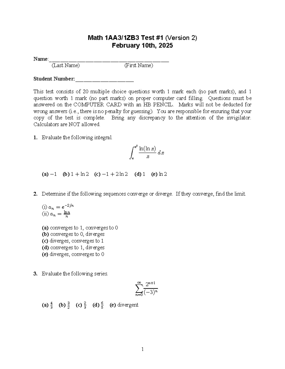 MATH 1ZB3 Test 1 - February 10, 2025 (Version 2) - Studocu