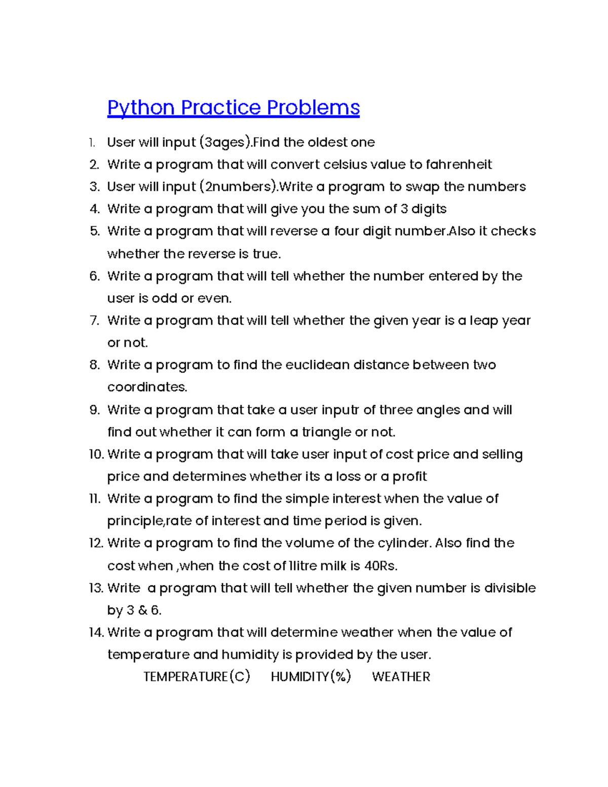 100 Python Practice Problems Python Practice Problems User Will Input 2488