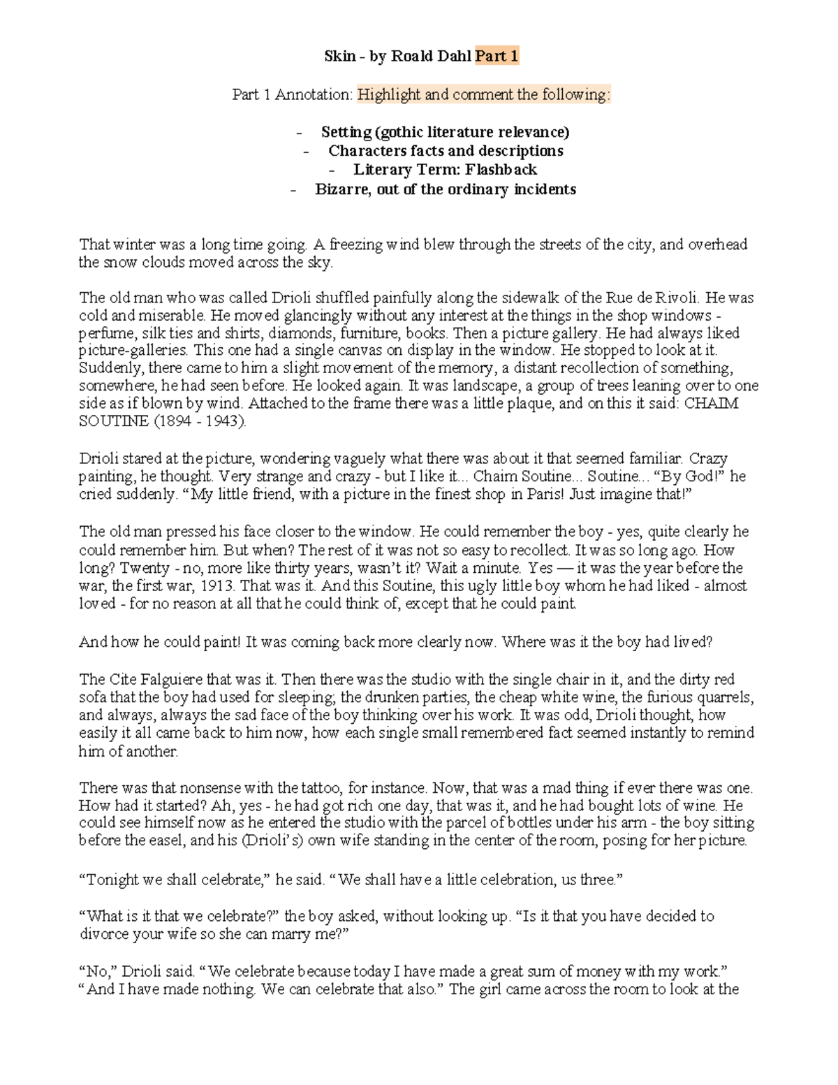 Skin (Roald Dahl) - Part 1 Analysis & Annotations - Studocu