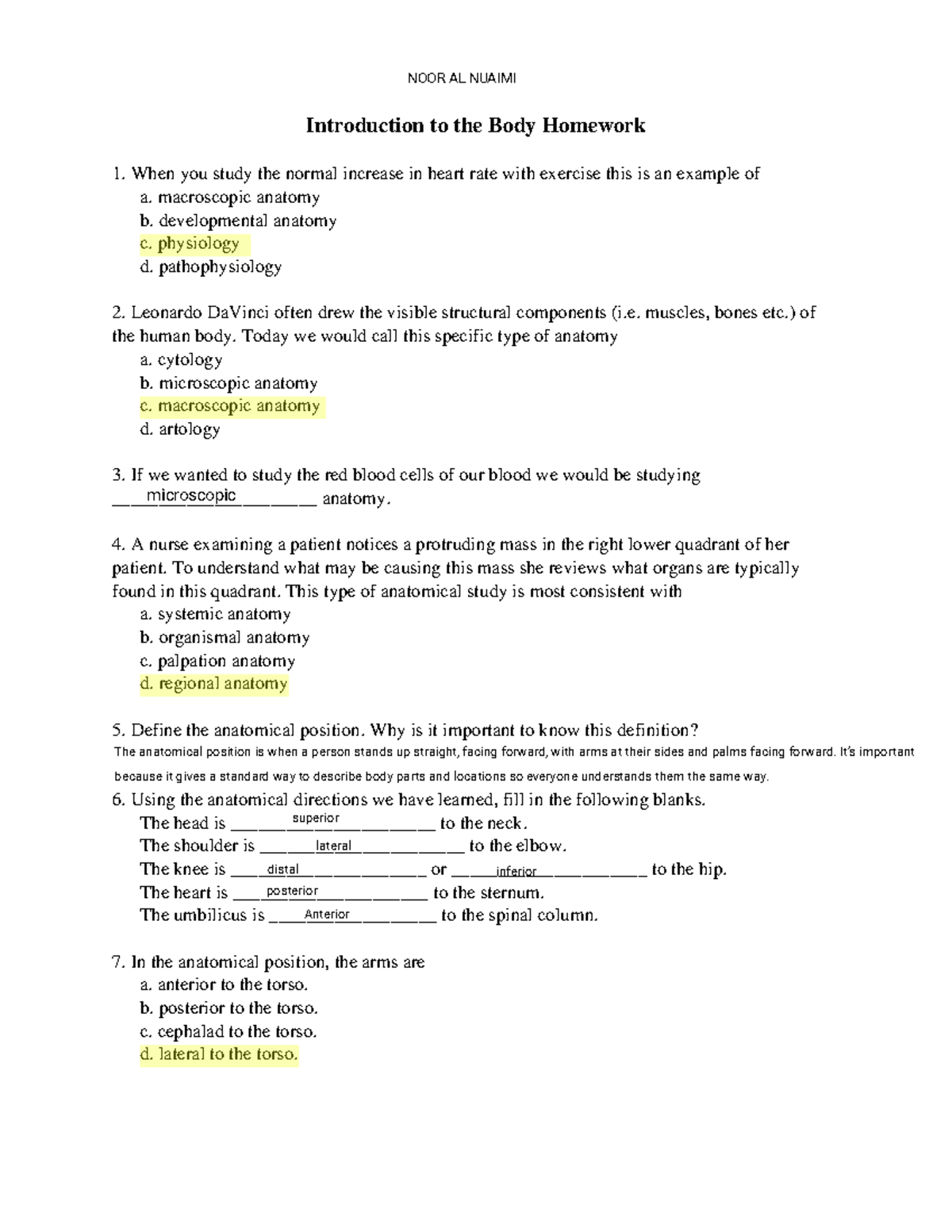 Introduction to the Body Homework 1 - Anatomy & Physiology Insights ...