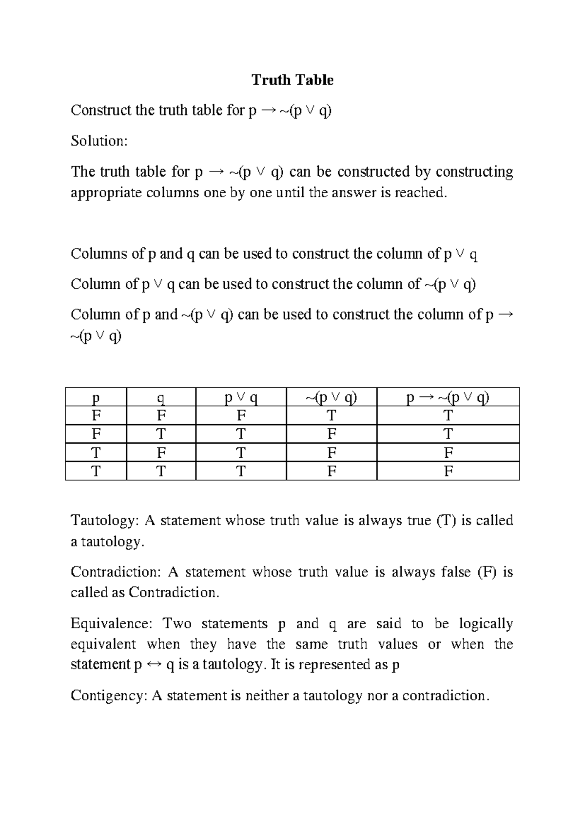 DM Truth Table Unit I - DM notes and practice examples - Truth Table ...