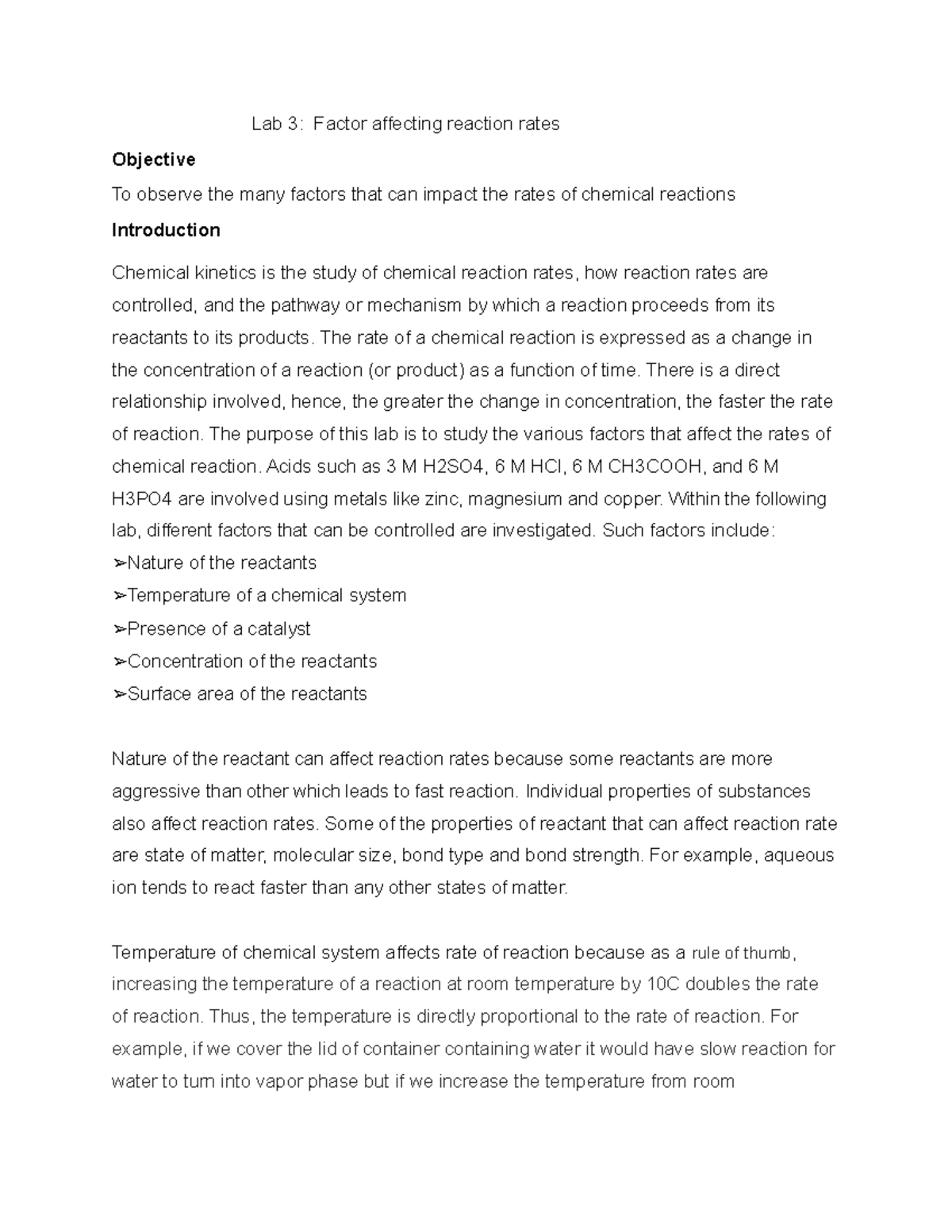 Factors Affecting Reaction Rates in Chemical Kinetics (Lab 3) - Studocu