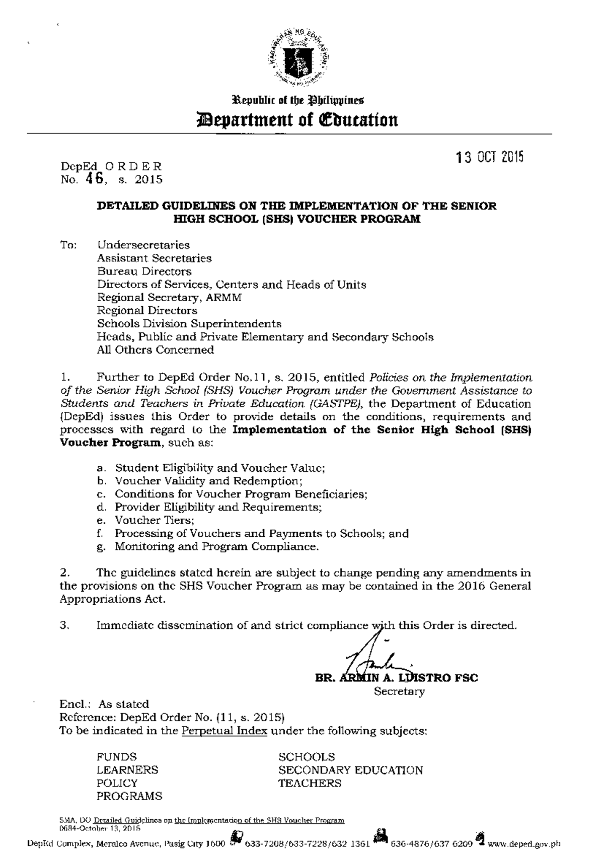 Guidelines for Implementing the SHS Voucher Program (RA 10533) - Studocu