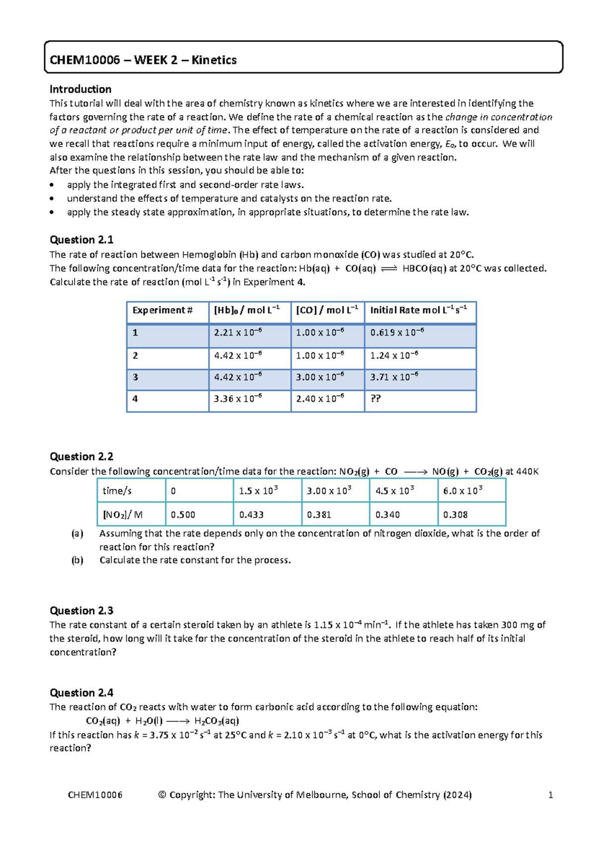 Week 2 Tutorial Questions for CHEM10006 - Kinetics Focus (S2 2024 ...