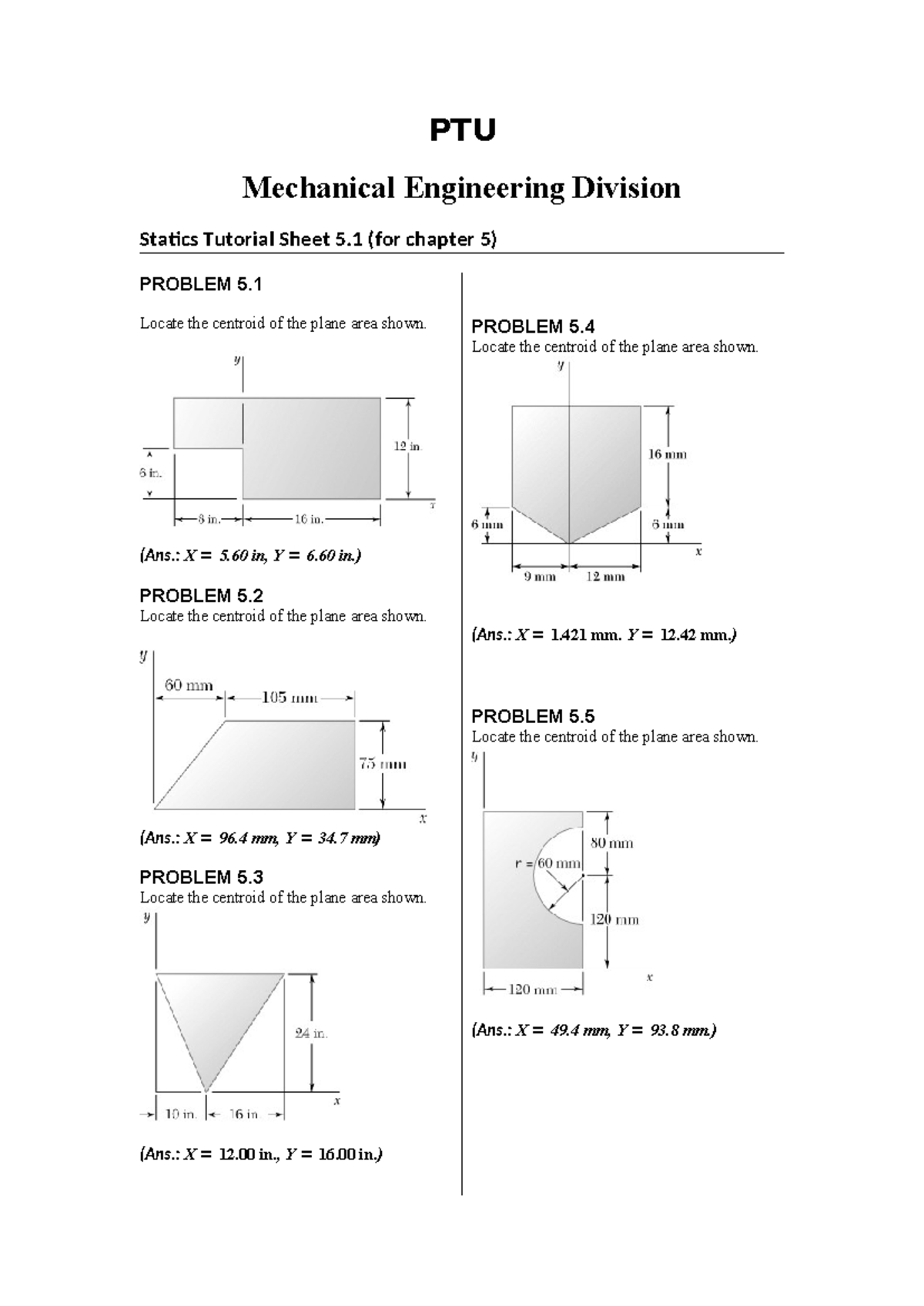 Statics Tutorial Sheet 5: Centroid Problems for Chapter 5 - Studocu