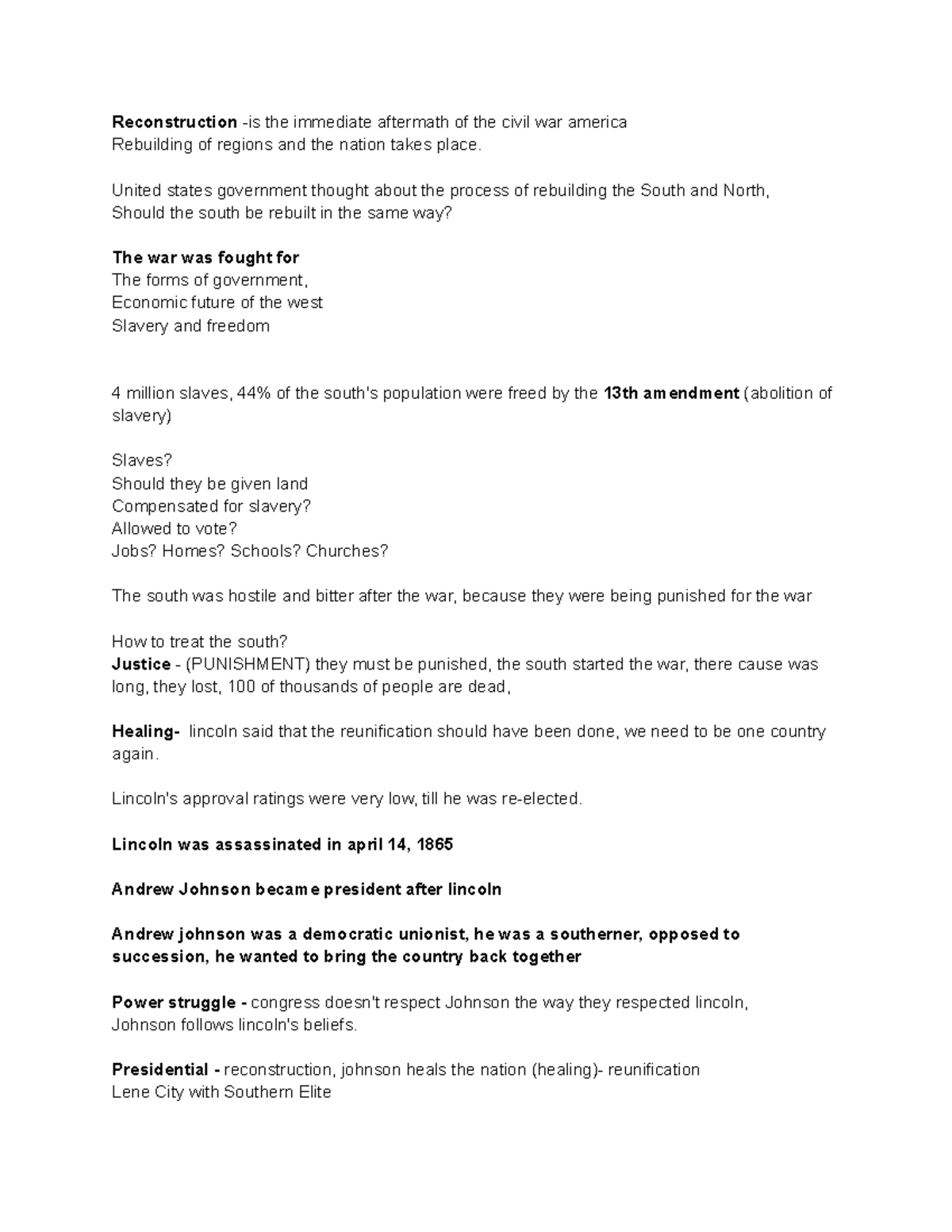 Reconstruction (HIST-301) - Lecture Notes on Post-Civil War America ...