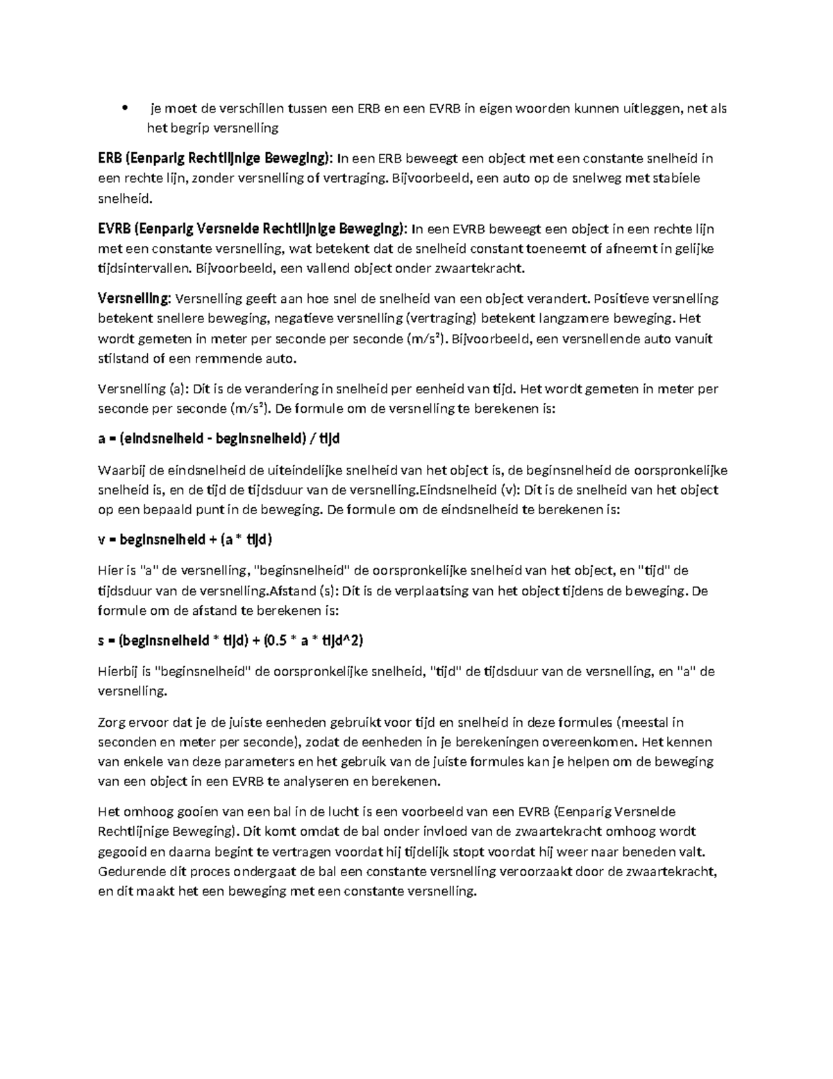 Fysica ERB en EVRB: Kernconcepten en Formules voor Beweging - Studocu