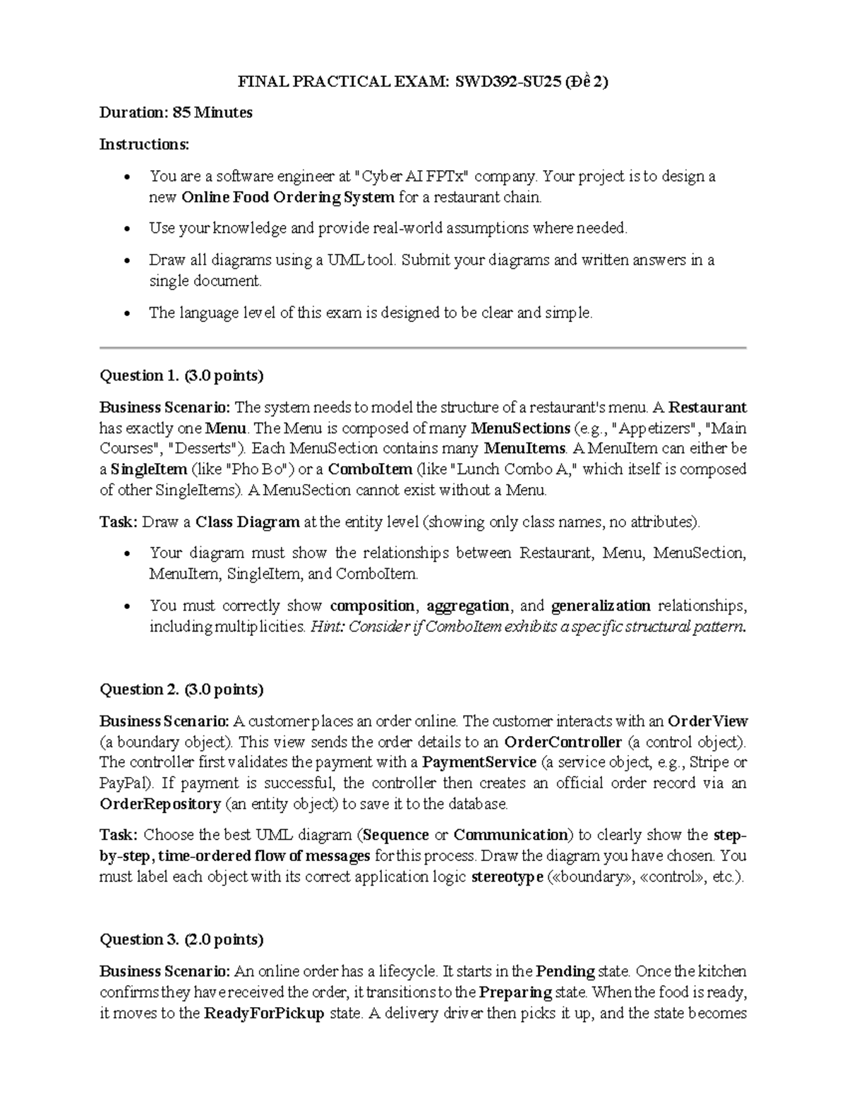SWD392 SU25 Final Practical Exam: Online Food Ordering System - Studocu