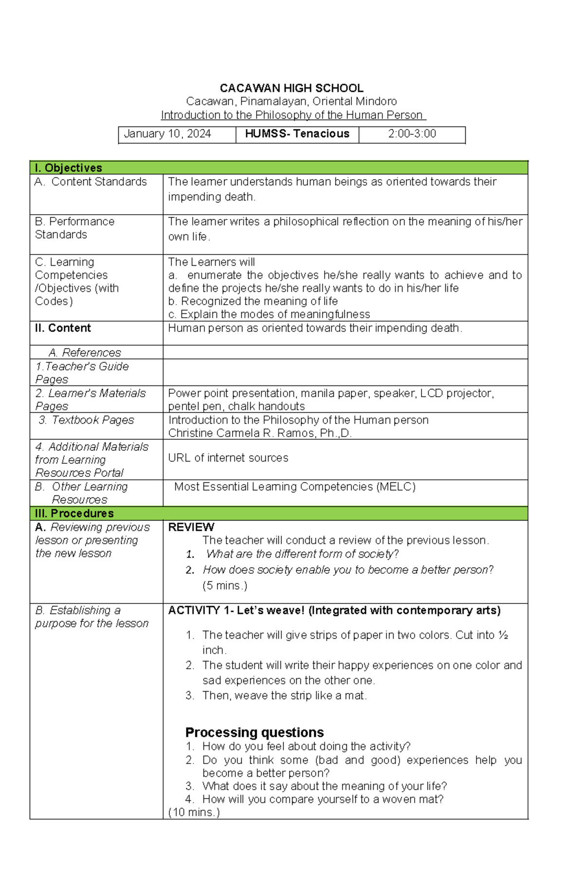 DLL -COT about Life - philosophy - CACAWAN HIGH SCHOOL Cacawan ...