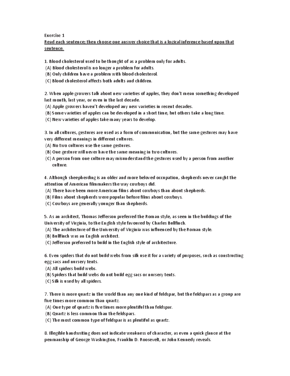 LCC401 Exercises on Making Inferences - Exercise 1 Read each then ...