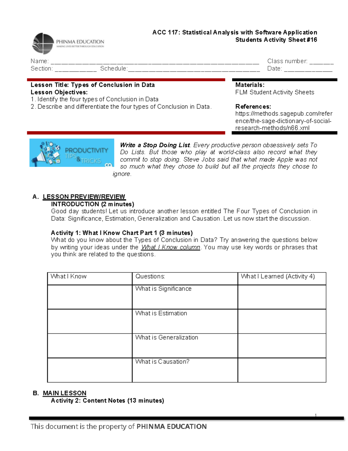 ACC 117: Types of Conclusion in Data - Lesson Activity Sheet - Studocu