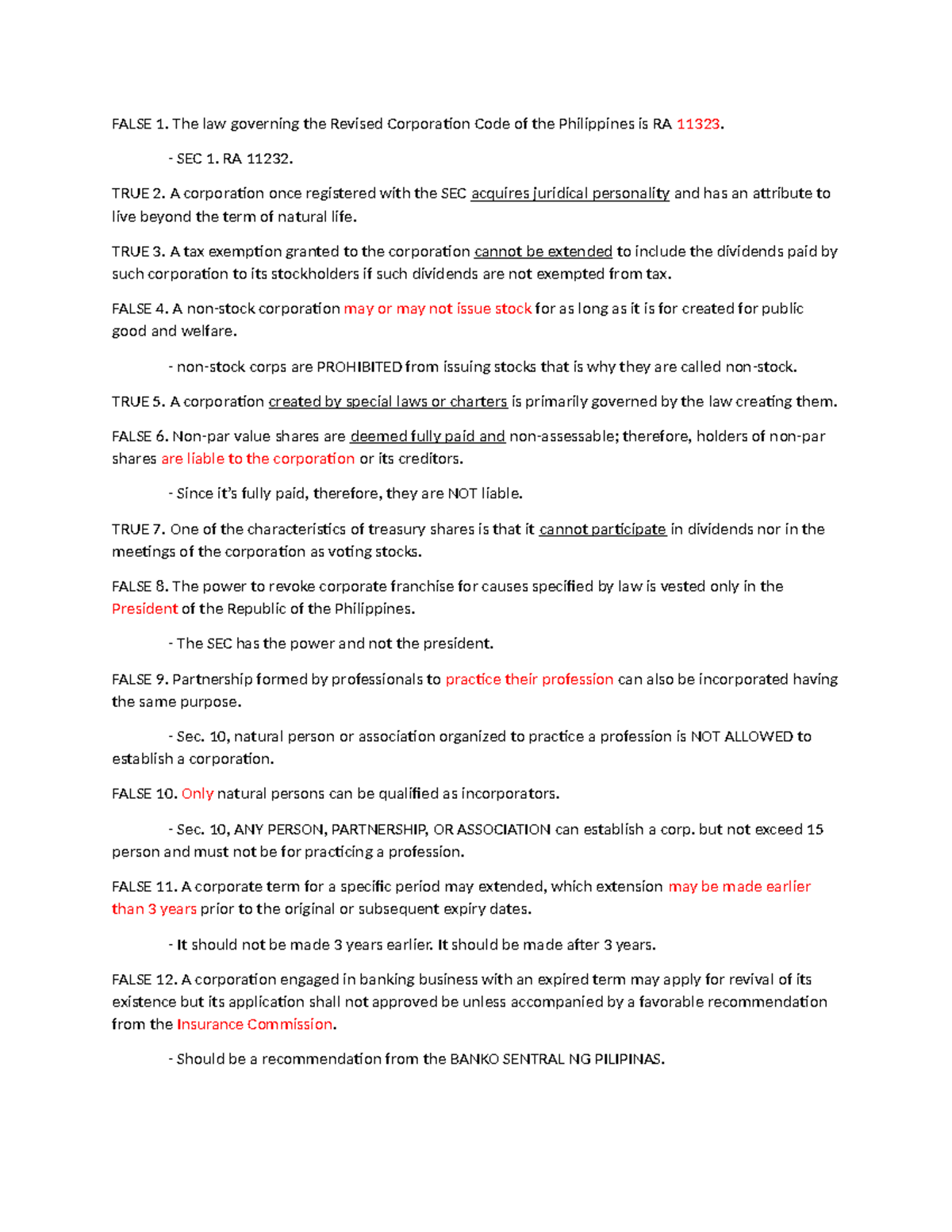PART 1 LAW - Buslaw Partnership: Corporation Code True/False Review ...