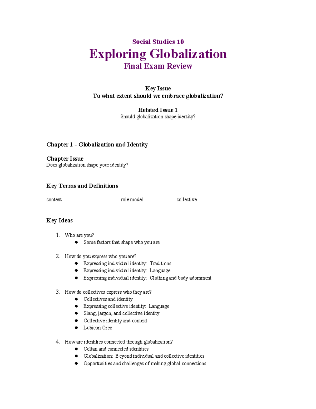Social Studies 10-1 Final Exam Review: Embracing Globalization - Studocu
