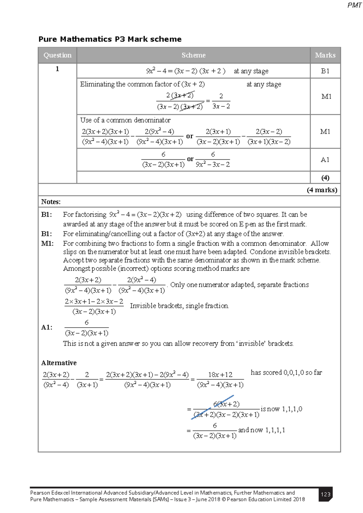 Pure Mathematics P3 Mark Scheme - Specimen 2018 MS - Studocu