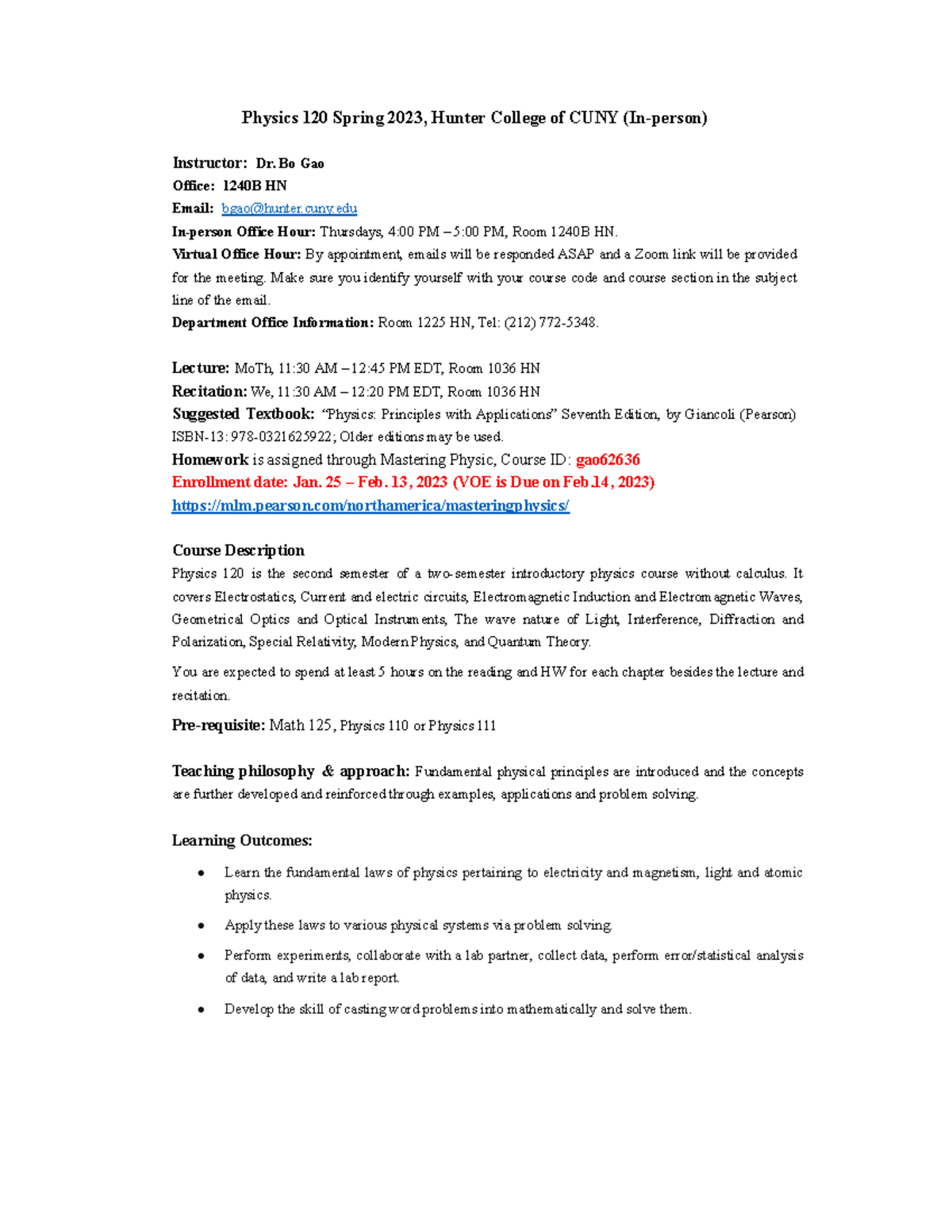 Physics 120 Syllabus Overview: Spring 2023 with Dr. Bo Gao - Studocu