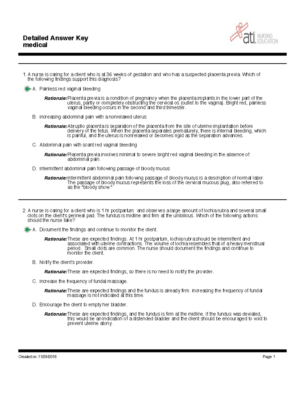 Maturity Q - Exam Questions and Rationale for Nursing Care - Studocu