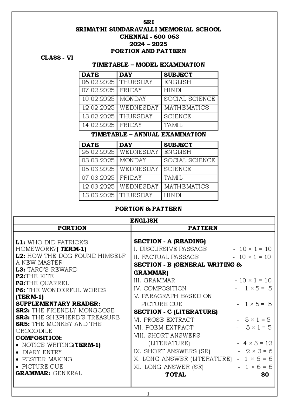 Class VI Model Exam & Annual Exam Portion Pattern 2024-2025 - Studocu