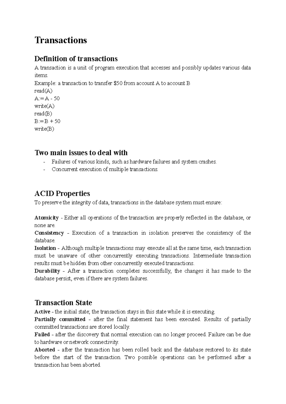 Transactions: Definition, ACID Properties, and Schedules - Studocu