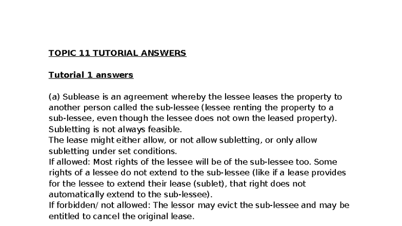Topic 11 Tutorial - TOPIC 11 TUTORIAL ANSWERS Tutorial 1 answers (a ...