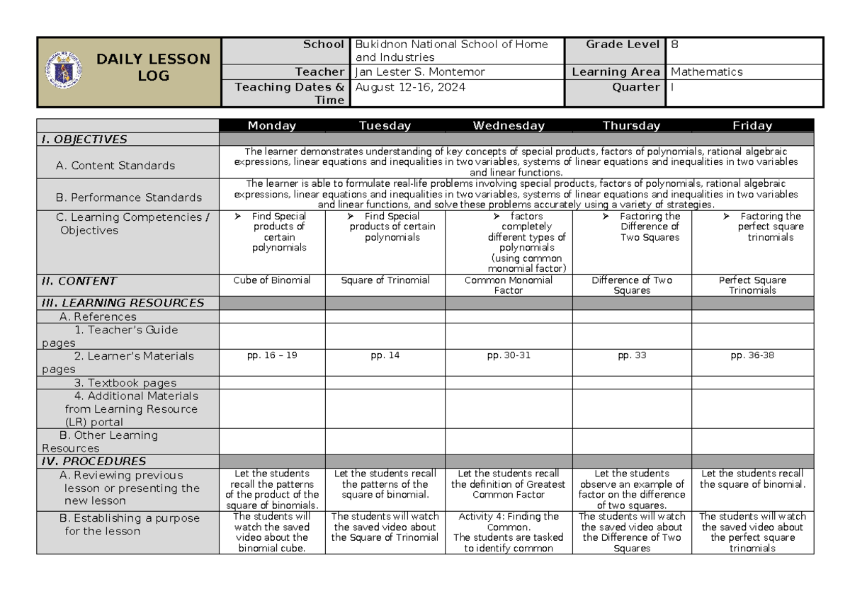 DLL Math 8: Factoring Special Products & Polynomials Lesson Plan - Studocu