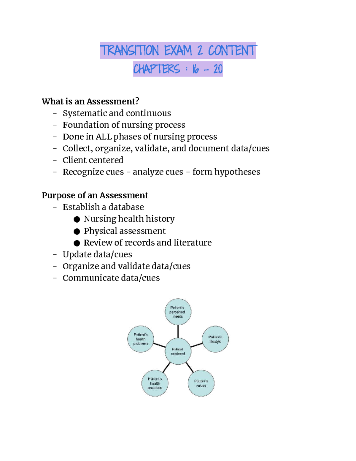 Transition Exam 2 Content: Assessment and Nursing Process Overview ...